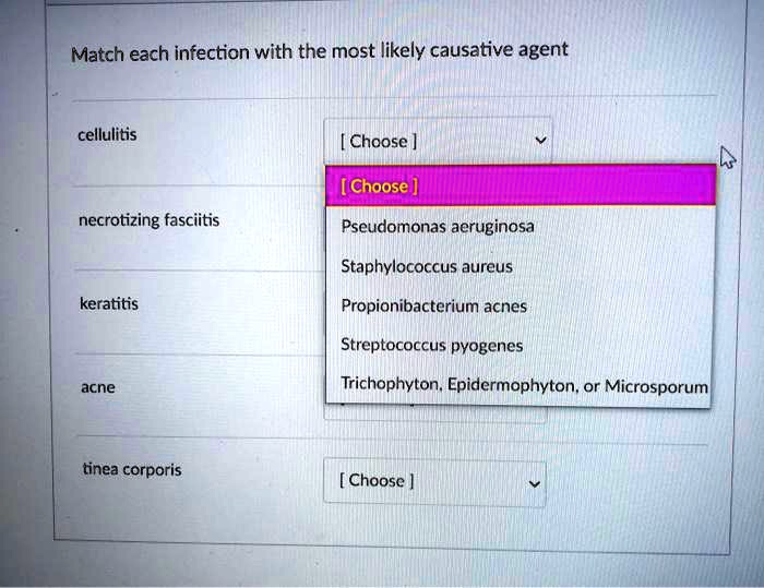 SOLVED:Match each infection with the most likely causative agent ...