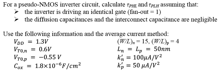 SOLVED: 'Pseudo-NMOS Delay Calculation using the provided info For a pseudo-NMOS inverter ...