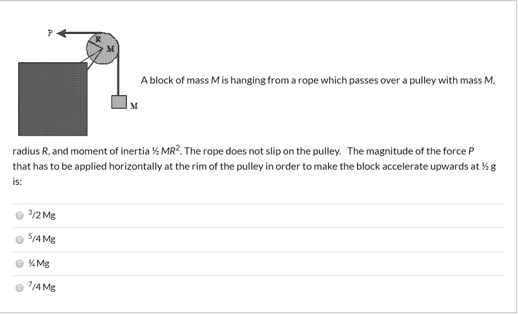 SOLVED: A block of mass Mis hanging from a rope which passes over a pulley with mass M, radius R ...