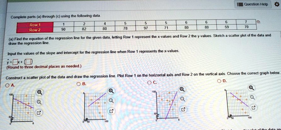 SOLVED: Complete parts (a) through (c) using the following data. Row Row Find the regression ...