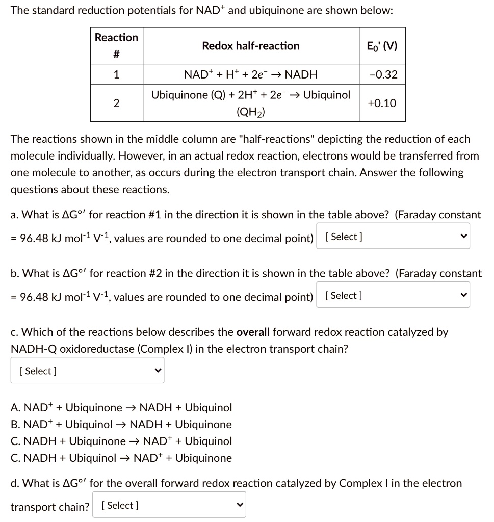 the standard reduction potentials for nad and ubiquinone are shown ...