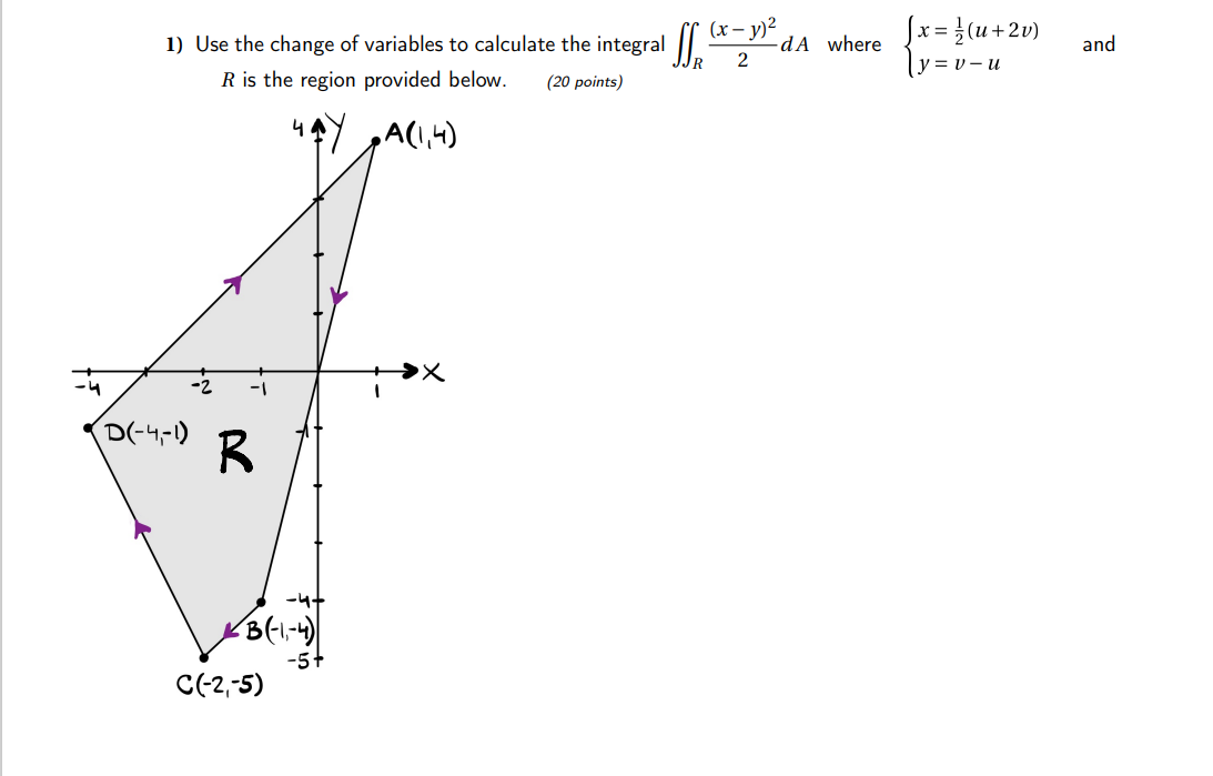 SOLVED: 1) Use the change of variables to calculate the integral ∬R((x-y)^2)/(2) d A where { x ...