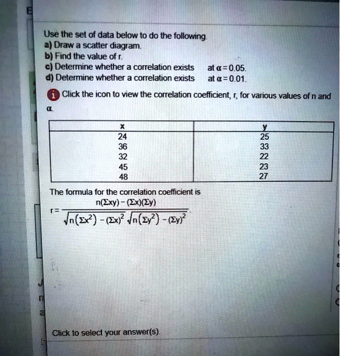 SOLVED:Use the set of data below to do the following a) Draw a scatter 'diagram b) Find the ...