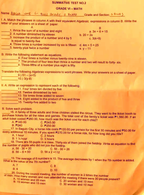 summative test no2 grade vi math mast 9al rulc grade and section oaa ...