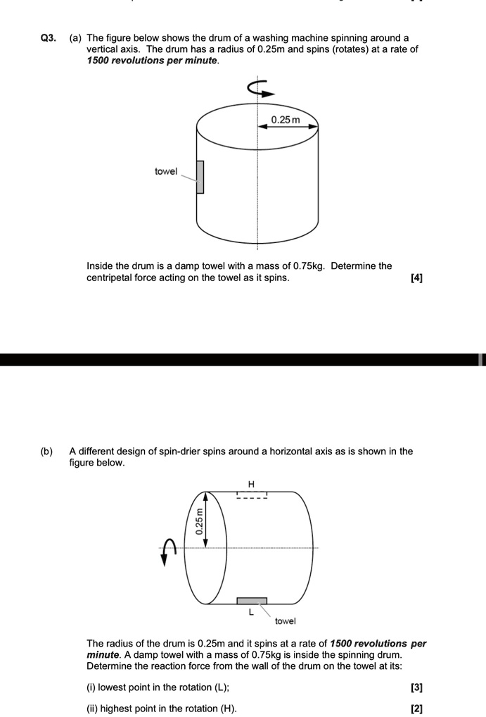 Q3. (a) The figure below shows the drum of a washing machine spinning ...