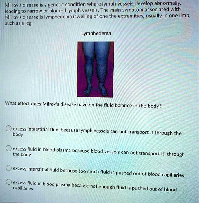 SOLVED:Milrov's disease is a genetic condition where Iymph vessels ...