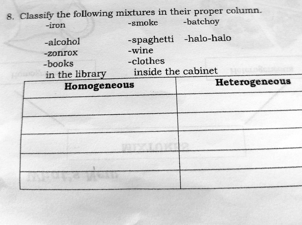 SOLVED: 'classify the following mixtures in their proper column. SOLVED: 'classify the following mixtures in their proper column.