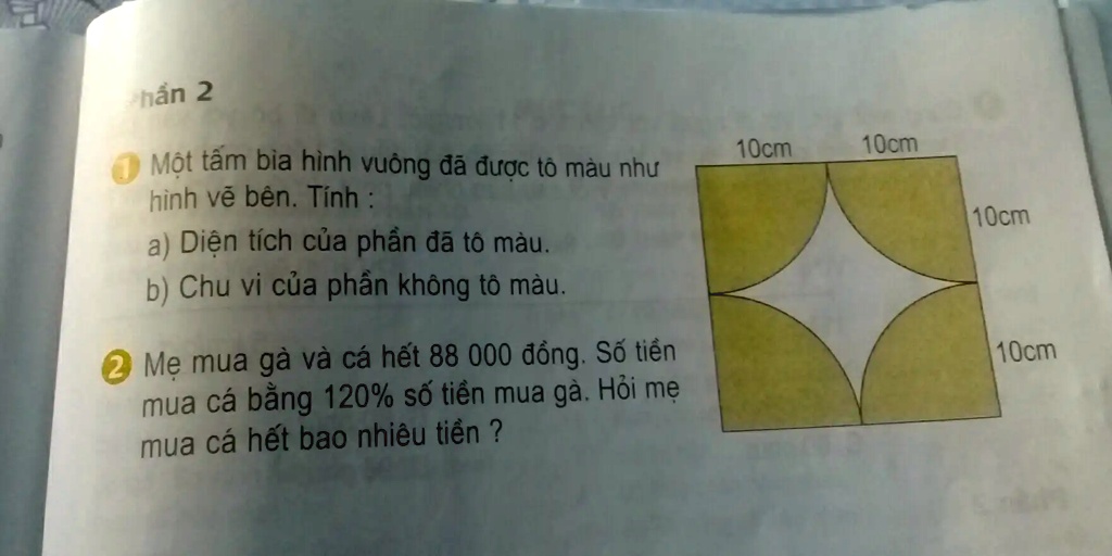 Ph?n 2 • M?t t?m bìa hình vuông ?ã ???c tô màu nh? hình v? bên. Tính : a) Di?n tích c?a ph?n ?ã ...