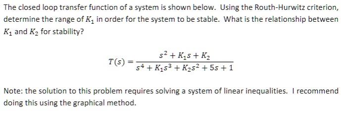 SOLVED: The closed-loop transfer function of a system is shown below. Using the Routh-Hurwitz ...