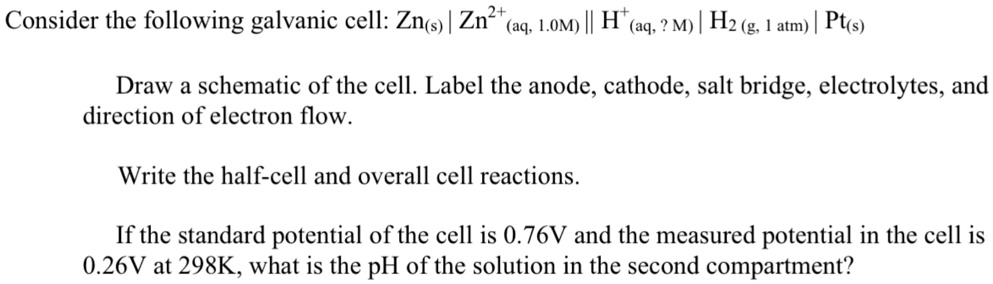 Consider the following galvanic cell: Zn(s) | Zn^2+(aq, 1.0M) || H^+(aq, ? M) | H2 (g, 1 atm ...