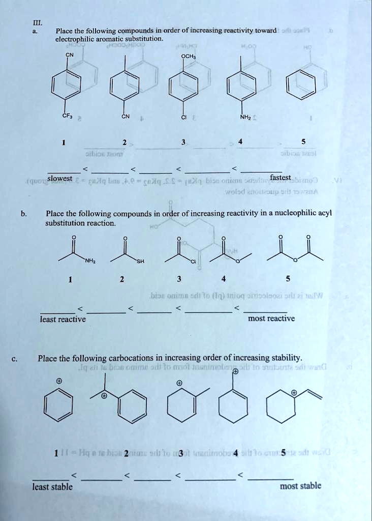 SOLVED:Place the following compounds in order of increasing reactivity toward electrophilic ...