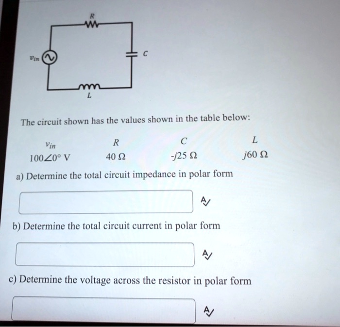 SOLVED: WM AYAY 7 The circuit shown has the values shown in the table below: R C L Vin 1000V 40 ...
