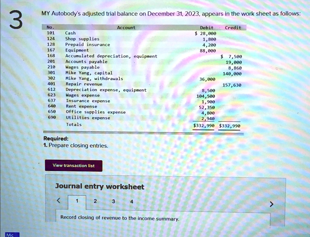 MY Autobody's adjusted trial balance on December 31, 2023, appears in ...