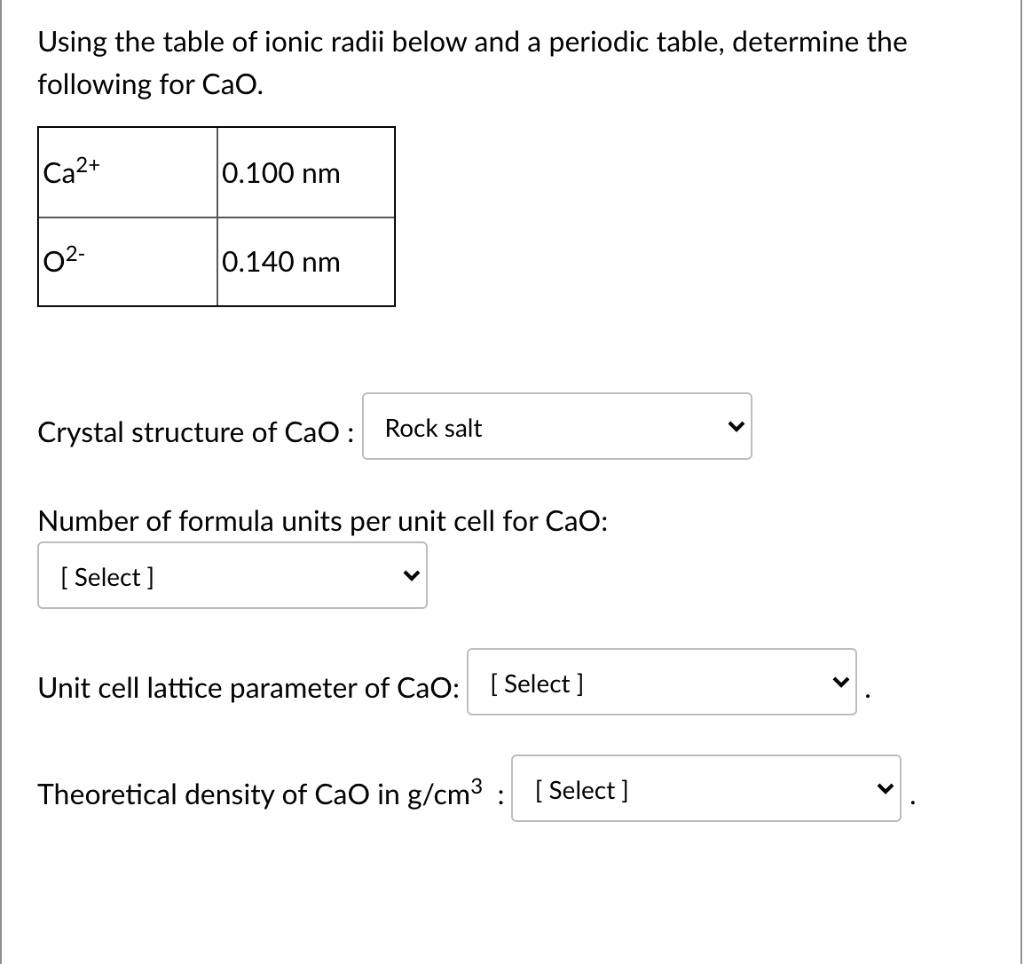 Using the table of ionic radii below and a periodic table,...