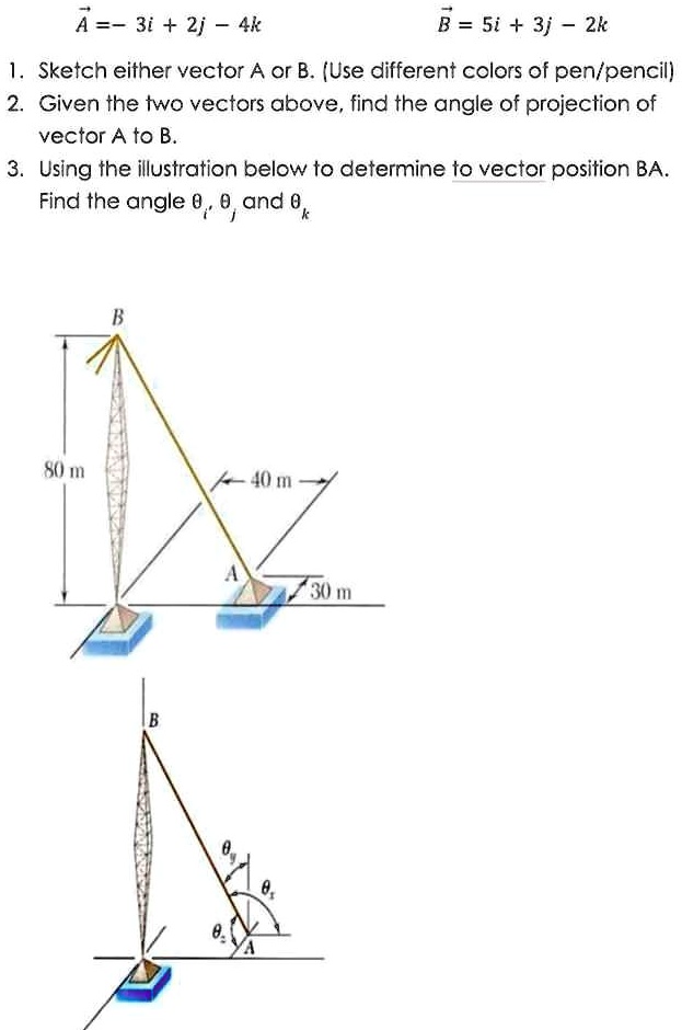 Texts: A = -3i + 2j + 4k B = Si + 3j + 2k Sketch either vector A or B ...