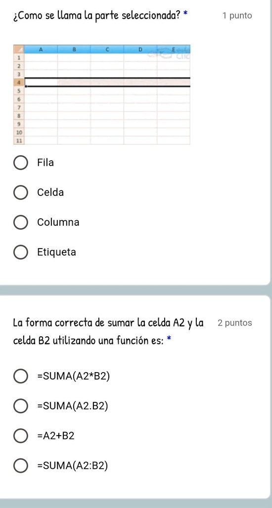 ayuda por favor estoy en examen icomo se llama la parte seleccionada punto fila celda columna ...