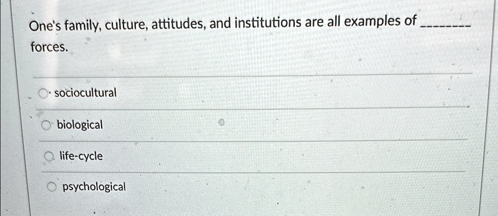 One's family, culture, attitudes, and institutions are all examples of ...