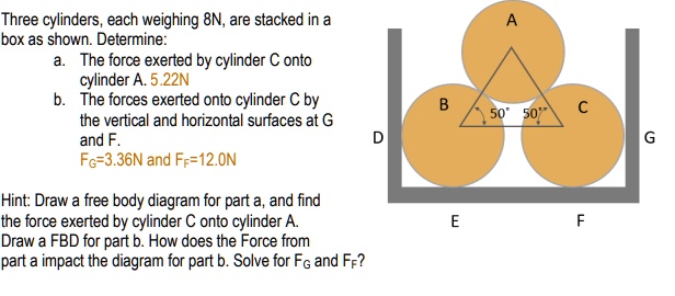 Three cylinders, each weighing 8N, are stacked in a box as shown. Determine: a. The force ...