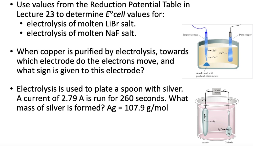use values from the reduction potential table in lecture 23 to ...