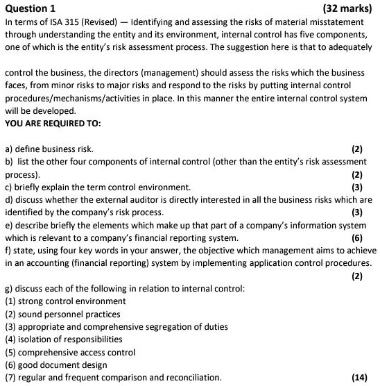 SOLVED: Question 1 (32 marks) In terms of ISA 315 (Revised ... SOLVED: Question 1 (32 marks) In terms of ISA 315 (Revised ...