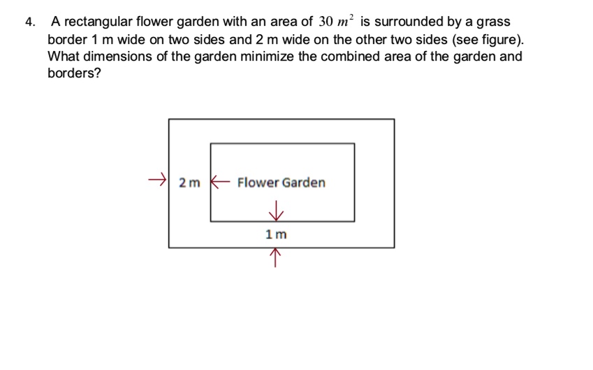 SOLVED: A rectangular flower garden with an area of 30 m? is surrounded ...