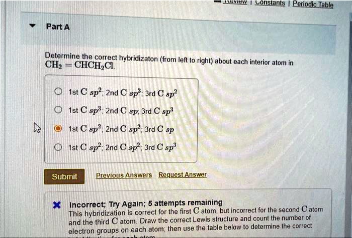 Part A Determine the correct hybridizaton (from left to right) about ...