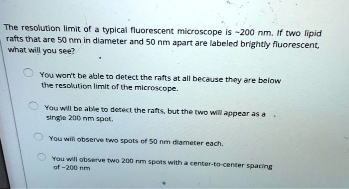 the resolution limit of a typical fluorescent microscope is 200 nm if two lipid rafts that are ...
