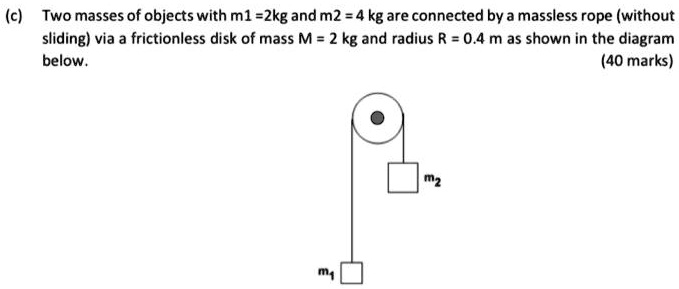 (c) Two masses of objects with m1 =2kg and m2 = 4 kg are connected by a massless rope (without ...