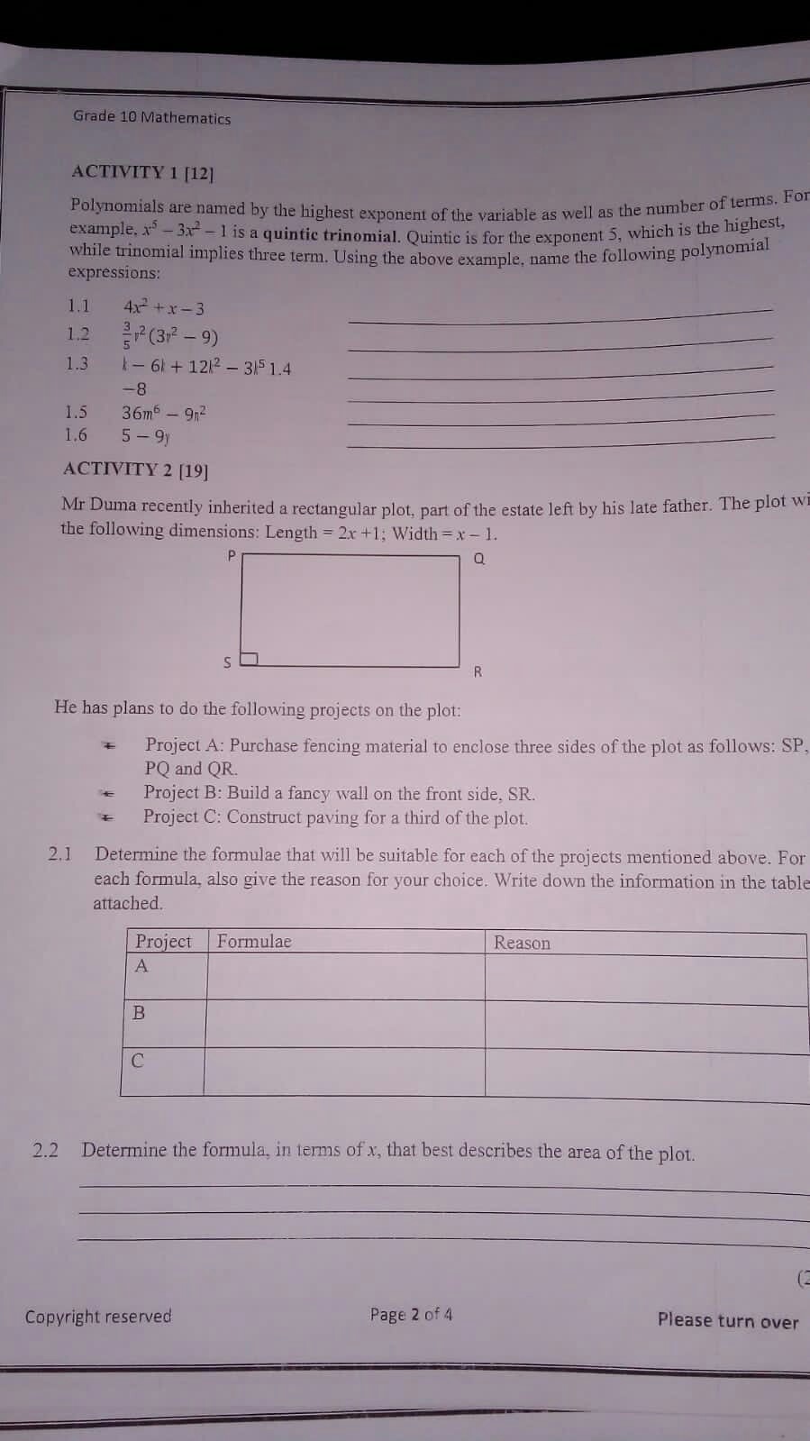 grade 10 mathematicsactivity 1 12polynomials are named by the highest exponent of the variable ...