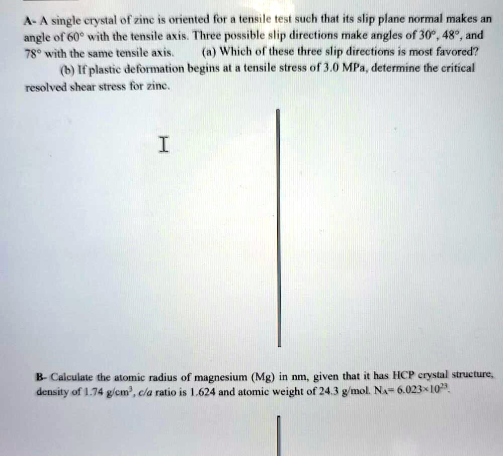 SOLVED: A-A single crystal of zinc is oriented for a tensile test such ...