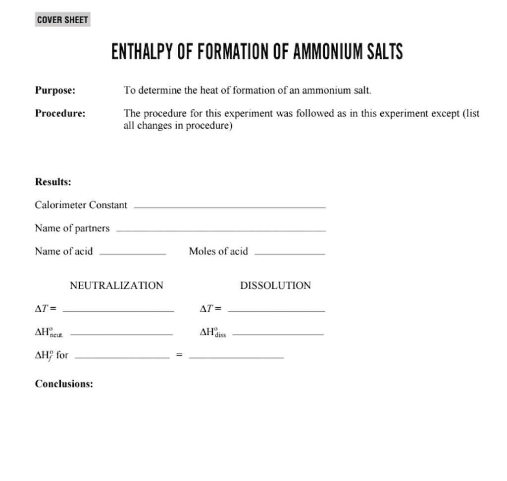 Cover sheet enthalpy of formation of ammonium salts purpose...