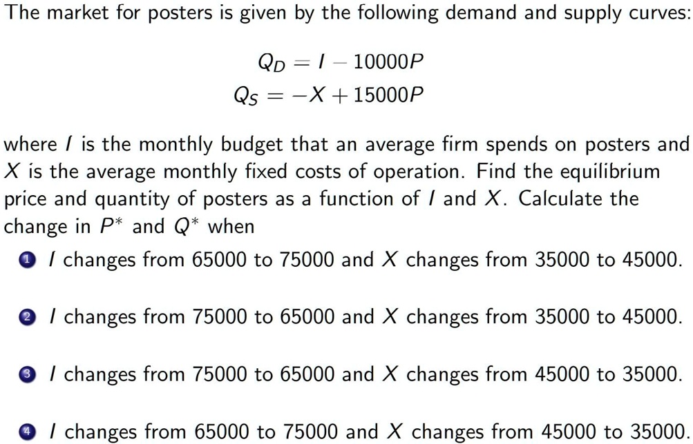 The market for posters is given by the following demand and supply ...