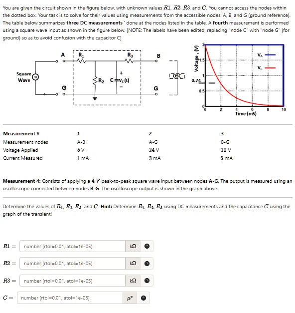 you are given the circuit shown in the figure below with unknown values r1 r2 r3 and c you ...