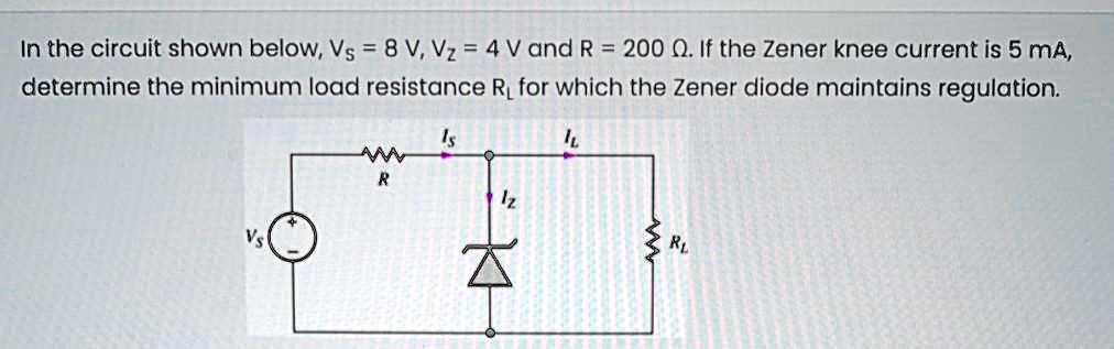 SOLVED: In the circuit shown below, Vs = 8 V, Vz = 4 V and R = 200 0 ...