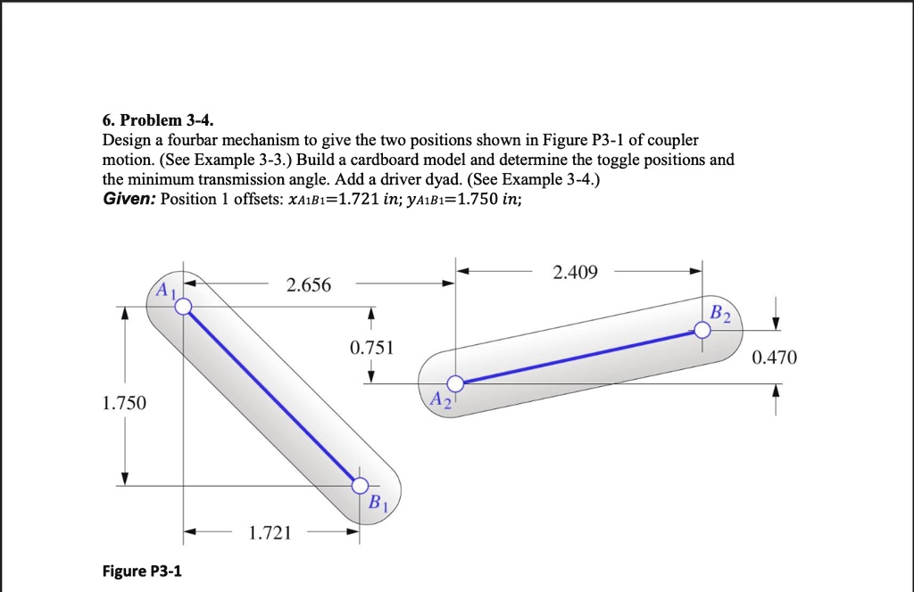Problem 3-4. Design a fourbar mechanism to give the two positions shown ...