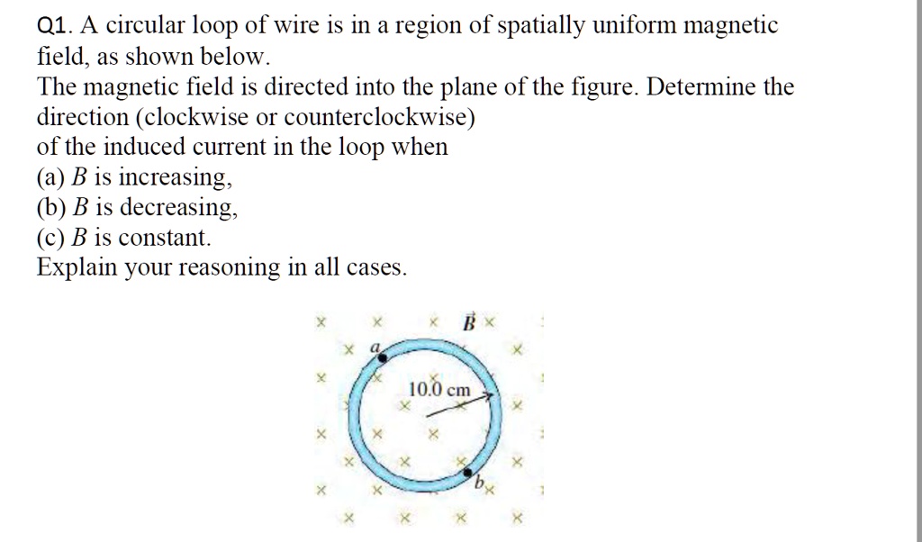 SOLVED: Q1. A circular loop of wire is in a region of spatially uniform magnetic field, as shown ...