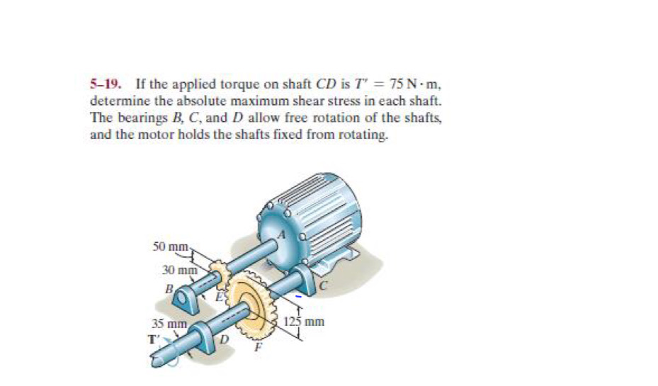 5-19. If the applied torque on shaft C D is T^'=75 N·m, determine the ...