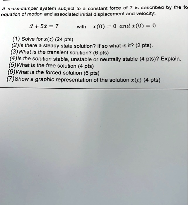 SOLVED: A mass-damper system subject to a constant force of 7 is ...