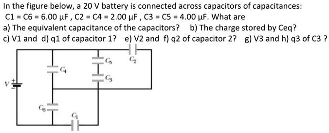 in the figure belowa 20 v battery is connected across capacitors of capacitances c1 c6 600 pf c2 ...