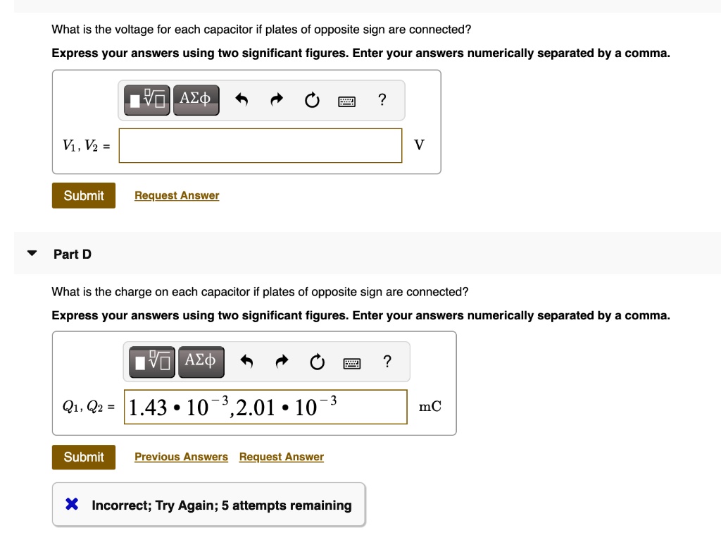 Solved What Is The Voltage For Each Capacitor If Plates Of Opposite Sign Are Connected Express