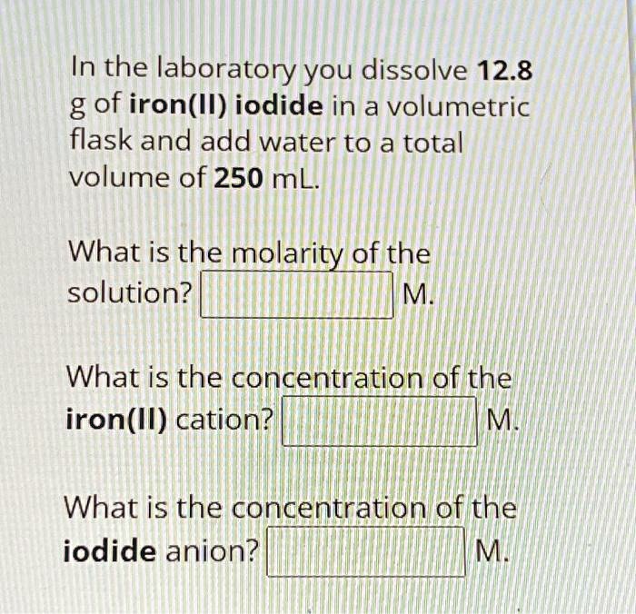 SOLVED: In the laboratory, you dissolve 12.8 g of iron(II) iodide in a ...