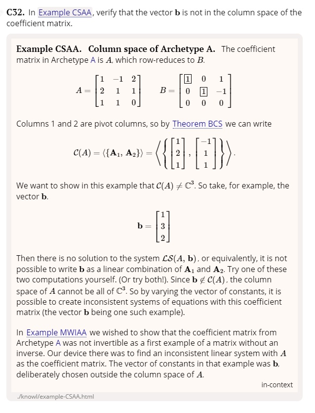 SOLVED: C32 In Example CSAA, verify that the vector b is not in the column space of the ...