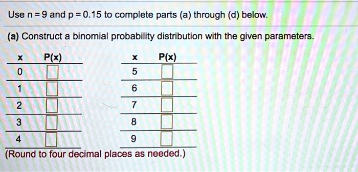 SOLVED: Use n = 9 and p= 0.15 to complete parts (a) through (d) below: (a) Construct a binomial ...