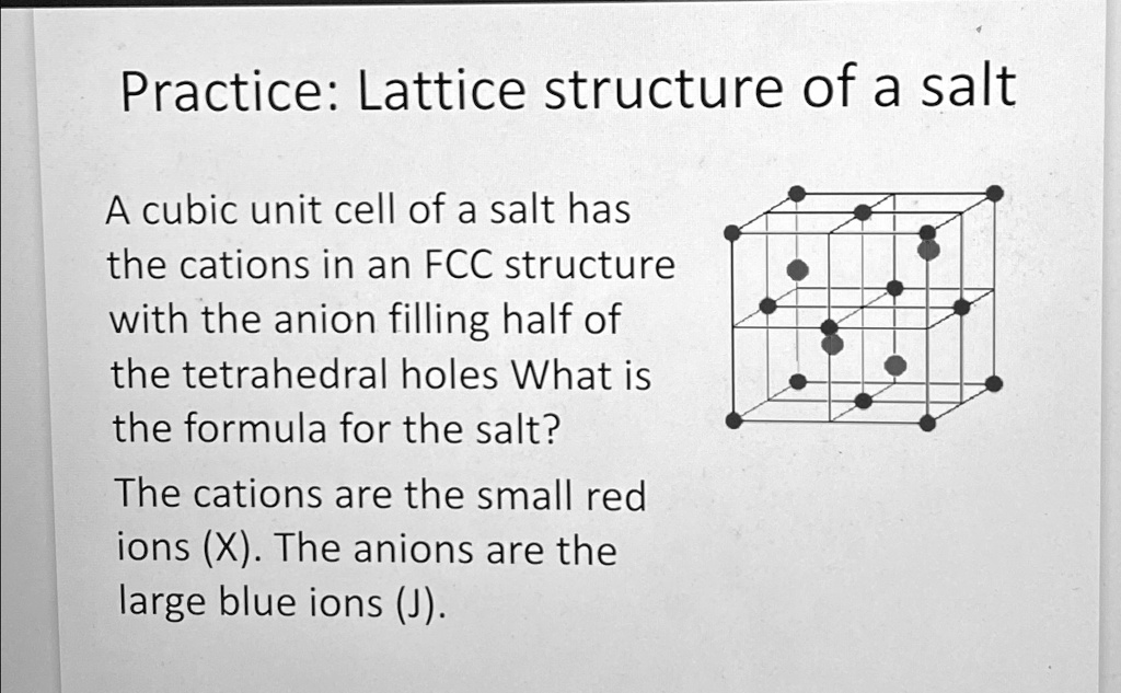 Practice: Lattice structure of a salt A cubic unit cell of a salt has ...