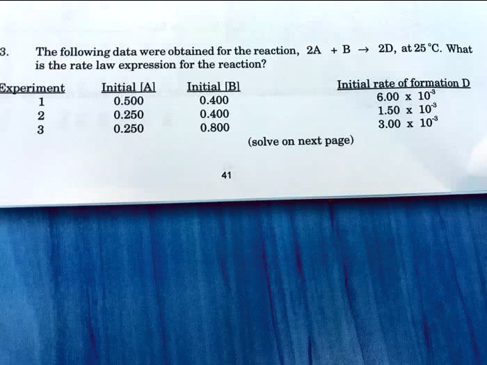 3. The following data were obtained for the reaction, 2A + B →2D, at 25 ...