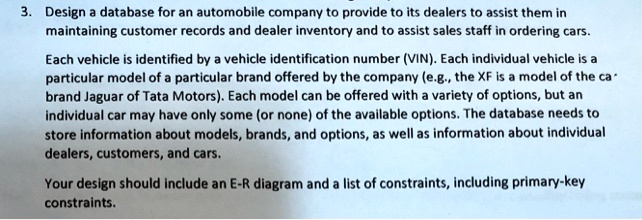 3. Design a database for an automobile company to provide to its ...