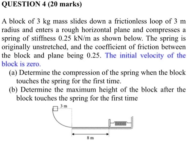 SOLVED: QUESTION4(20marks) A block of 3 kg mass slides down a frictionless loop of 3 m radius ...