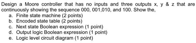 SOLVED: Design a Moore controller that has no inputs and three outputs ...