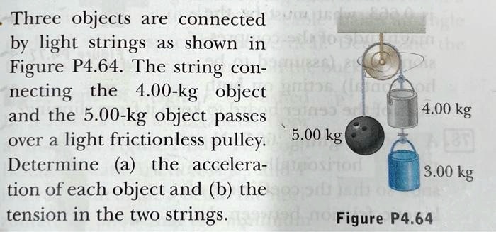 SOLVED: Three objects are connected by light strings as shown in Figure P4.64. The string ...
