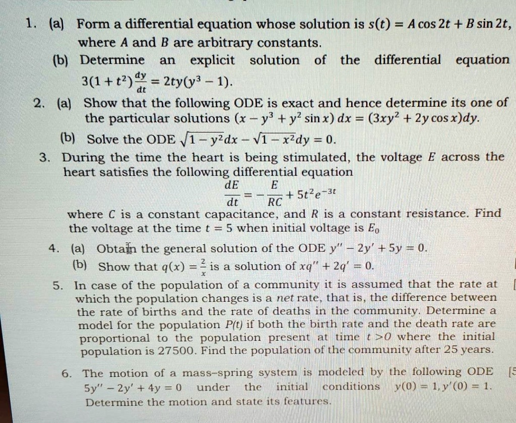 SOLVED: 1. a) Form a differential equation whose solution is: st = A ...